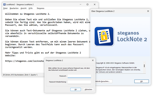 Steganos LockNote 2 - Textdateien kostenlos verschlüsseln. Keine Installation nötig.